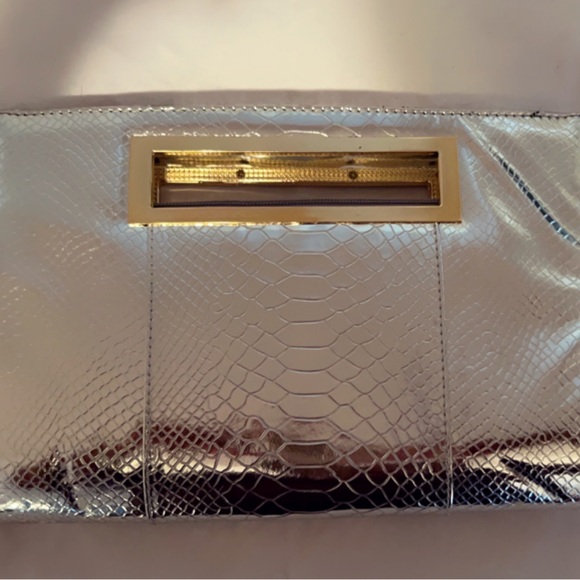 Bags | Snake Print Design Metalic Silver Clutch Bag W Gold Chain | Poshmark